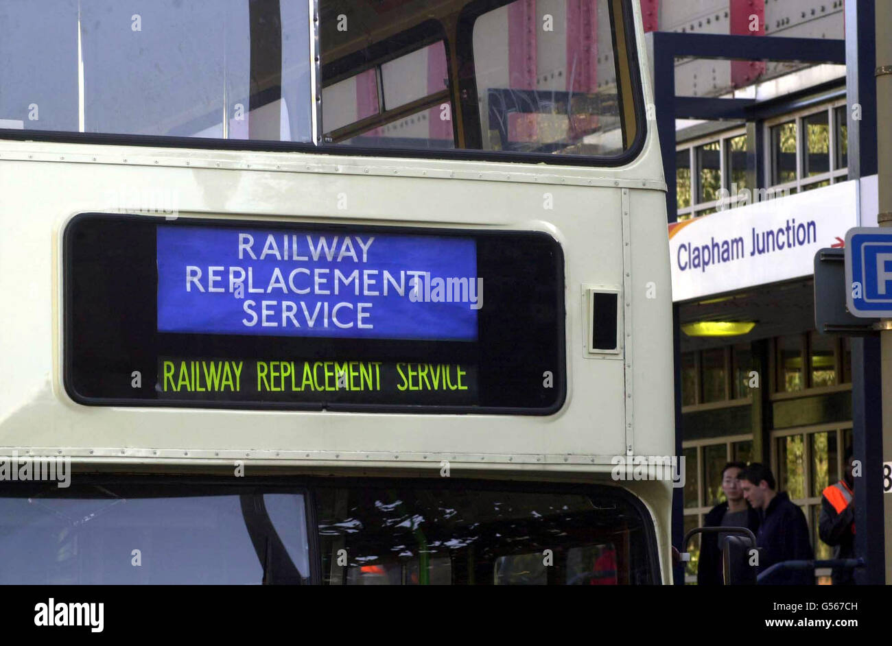 A railway replacement service at Clapham Junction Station in London ...