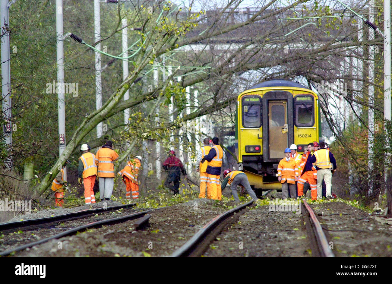 Railway workers clear fallen trees which landed on a commuter train ...