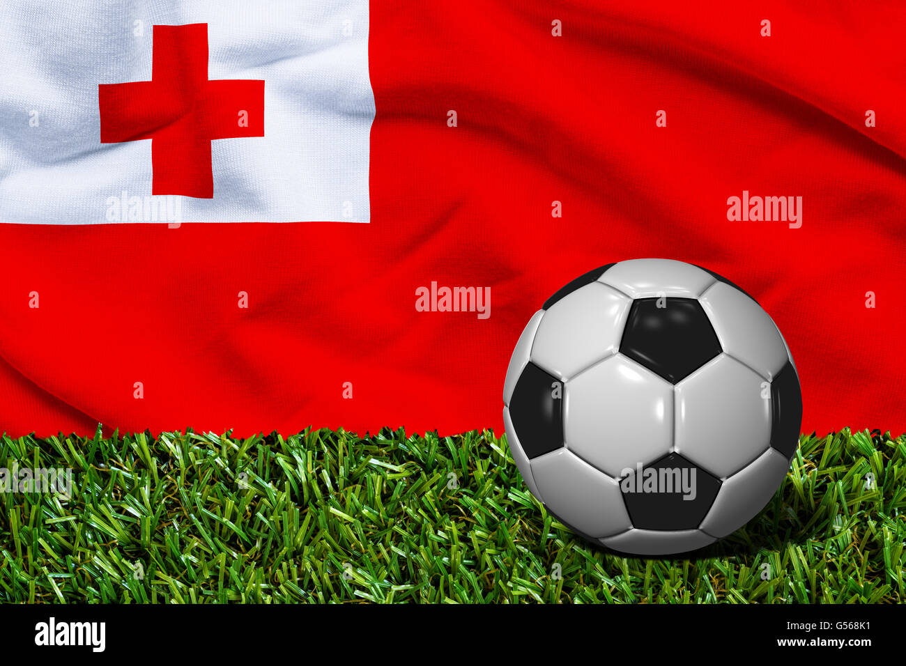 3D rendered soccer ball in grass field with Tonga flag as Background ...