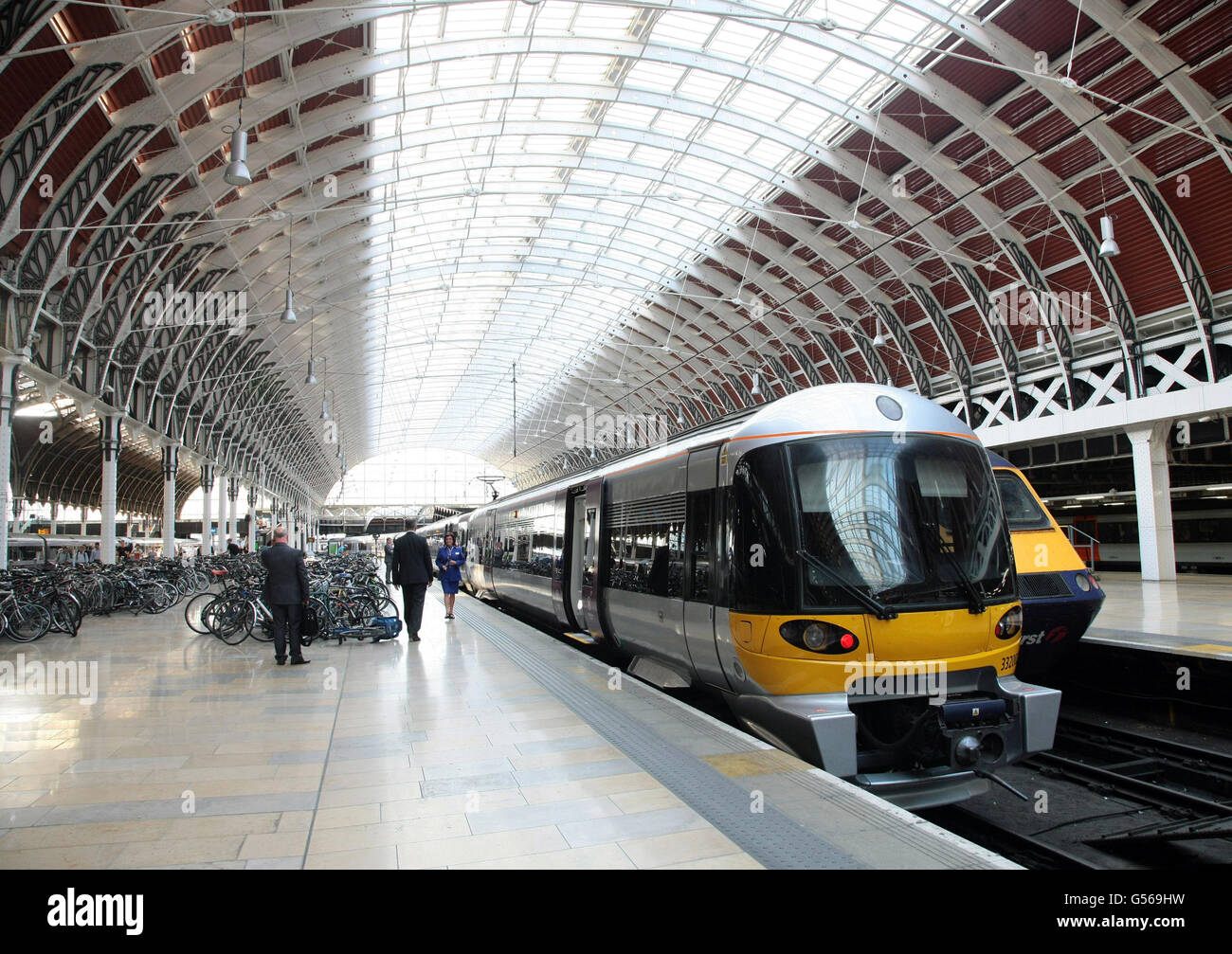 The newly modernised Heathrow Express train waits at Paddington Station ...