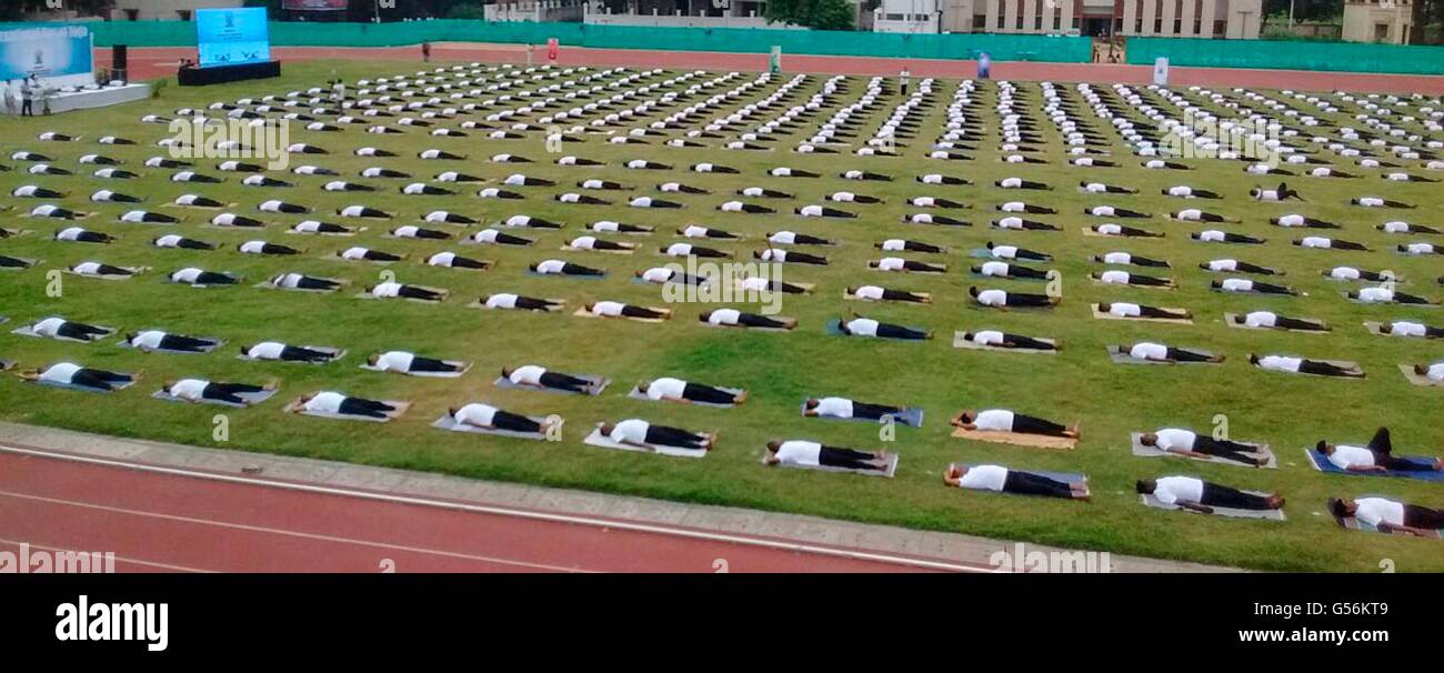 Hundreds of participants during a mass Yoga demonstration celebrating ...