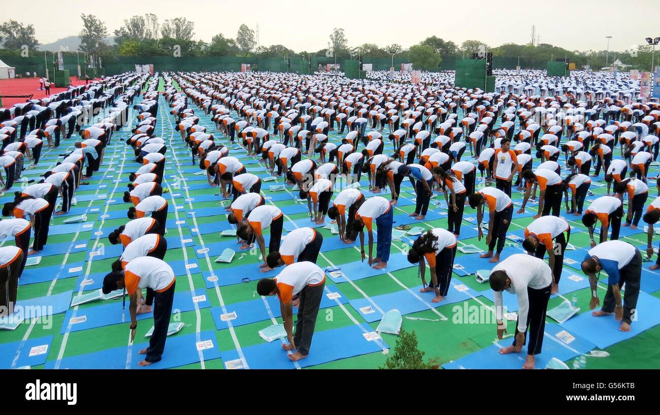 Thousands of participants during a mass Yoga demonstration celebrating ...
