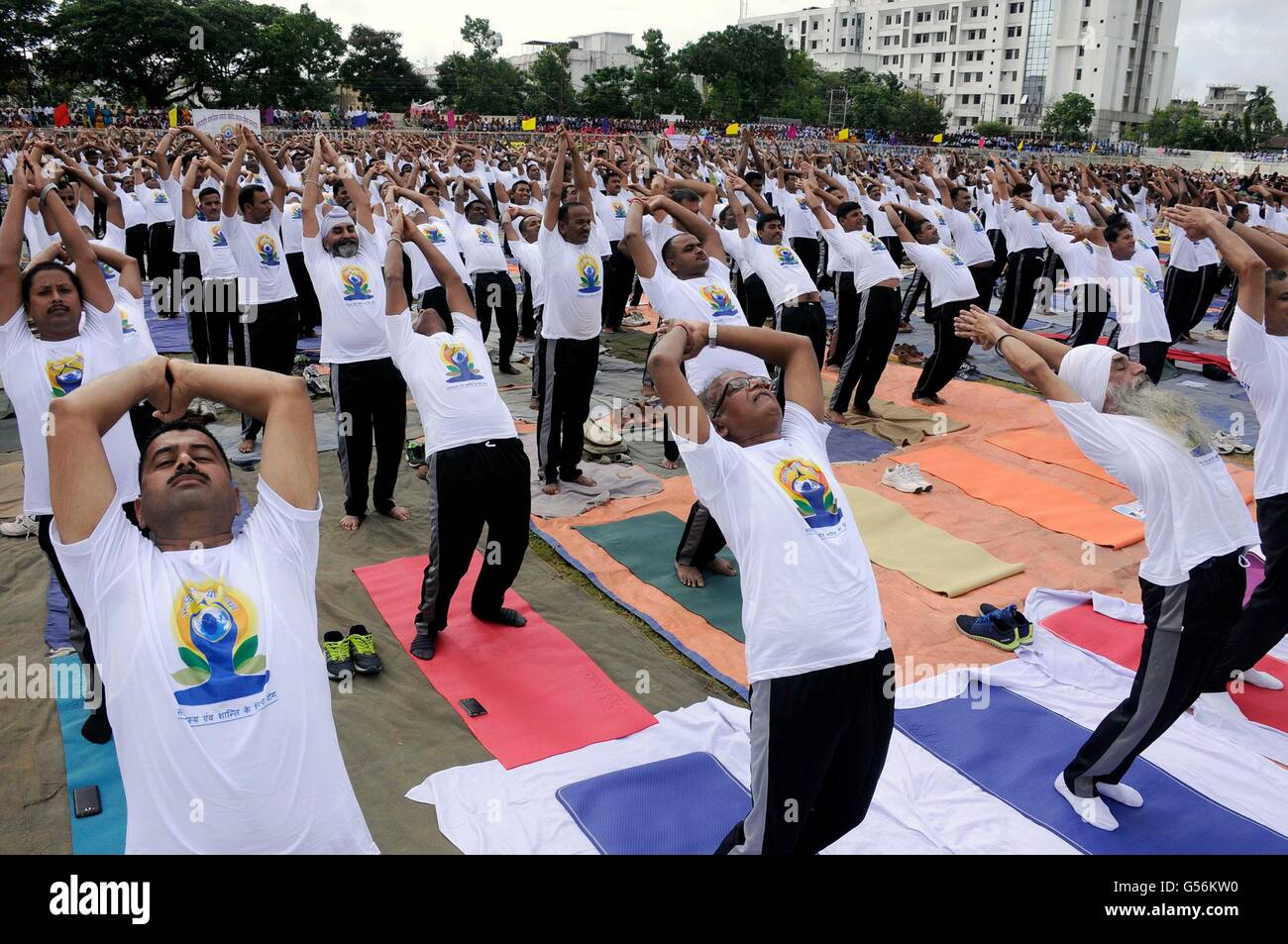 Hundreds of participants during a mass Yoga demonstration celebrating ...