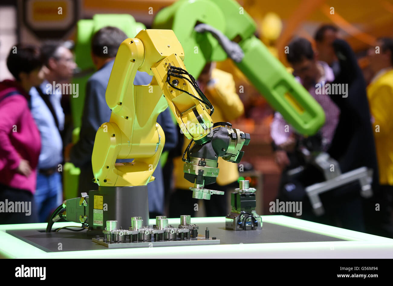 Munich, Germany. 21st June, 2016. A robot moving metal parts at the ...