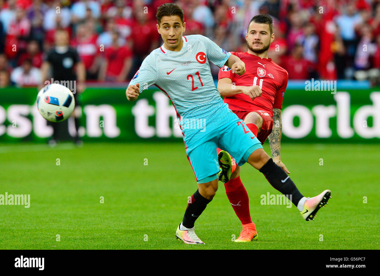Lens, France. 21st June, 2016. Emre Mor (TUR), left, and Daniel Pudil ...