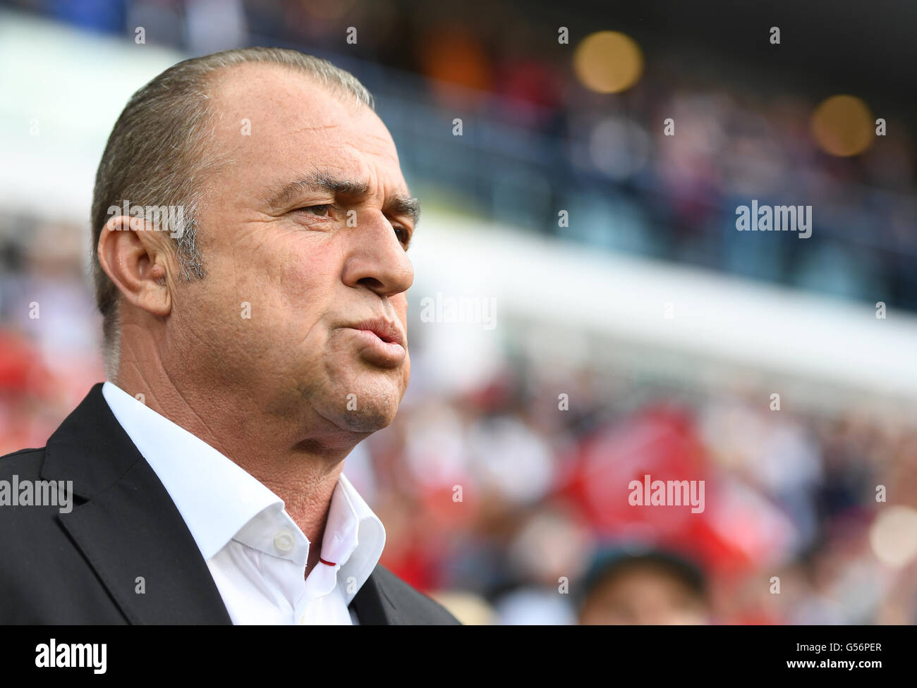 Coach Fatih Terim of Turkey sings the national anthem before the UEFA ...