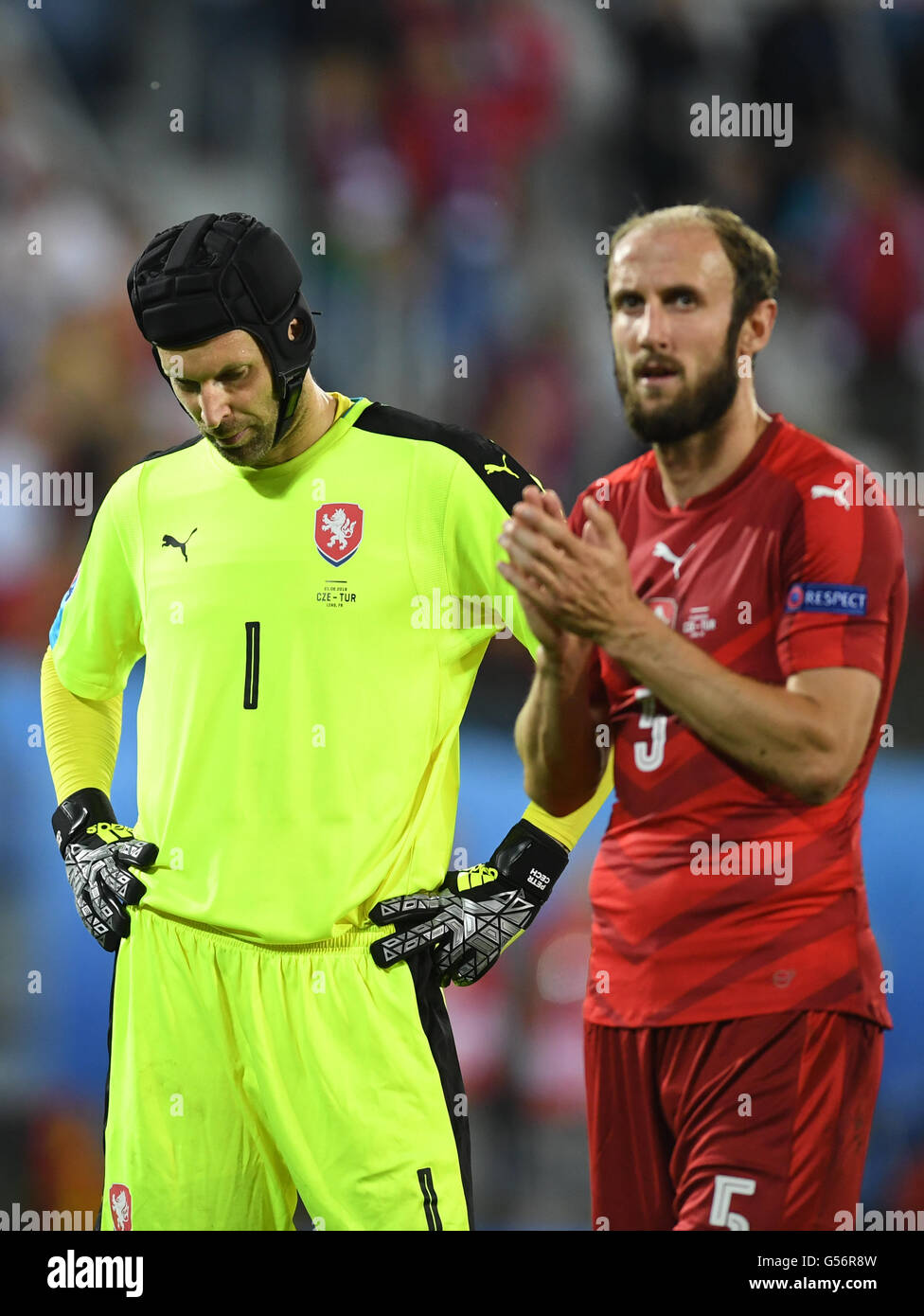 Goalkeeper Petr Cech and Roman Hubnik of Czech Republic leave the pitch ...