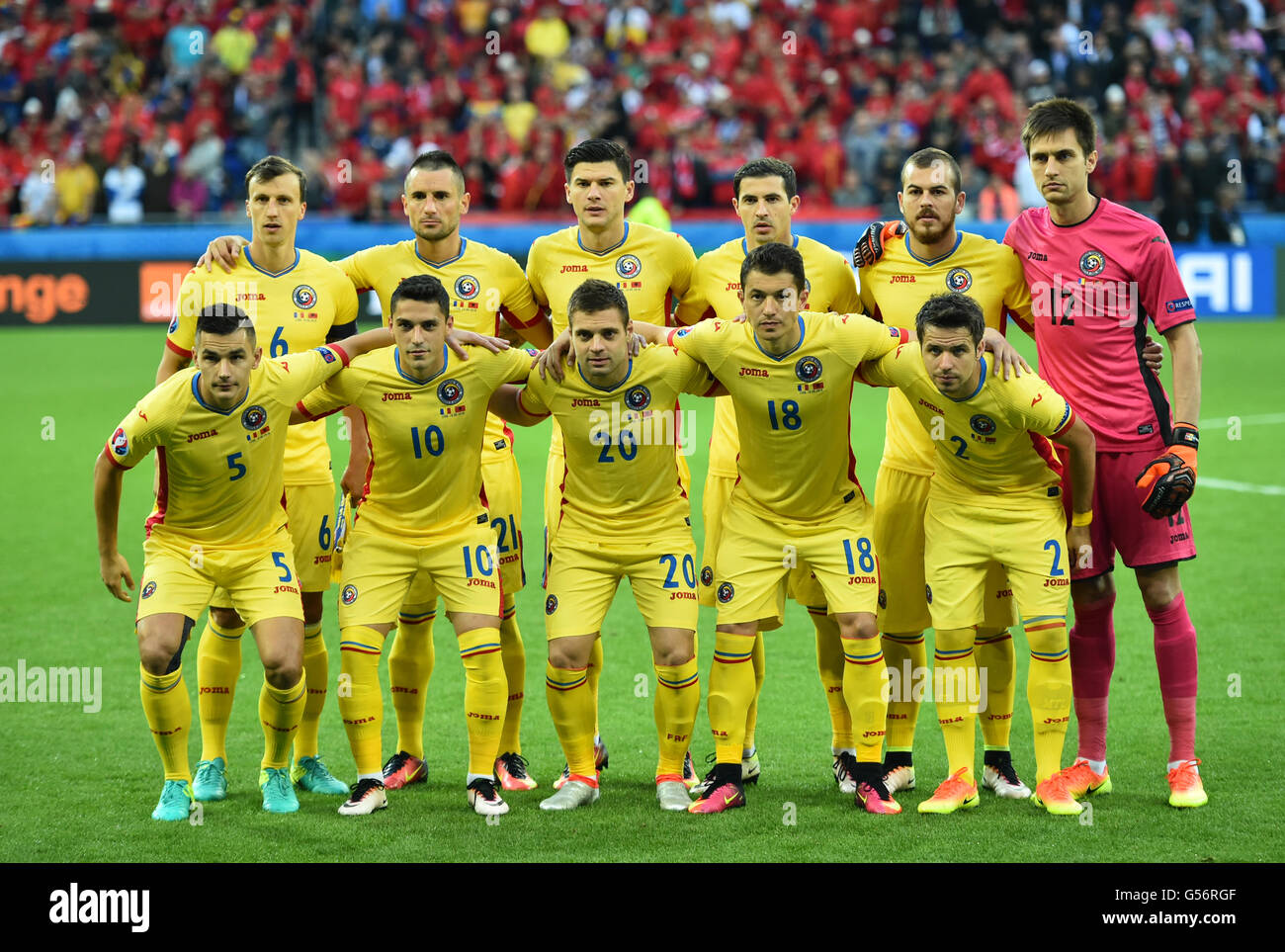 Lyon, France. 19th June, 2016. Players of Romania line up before the ...