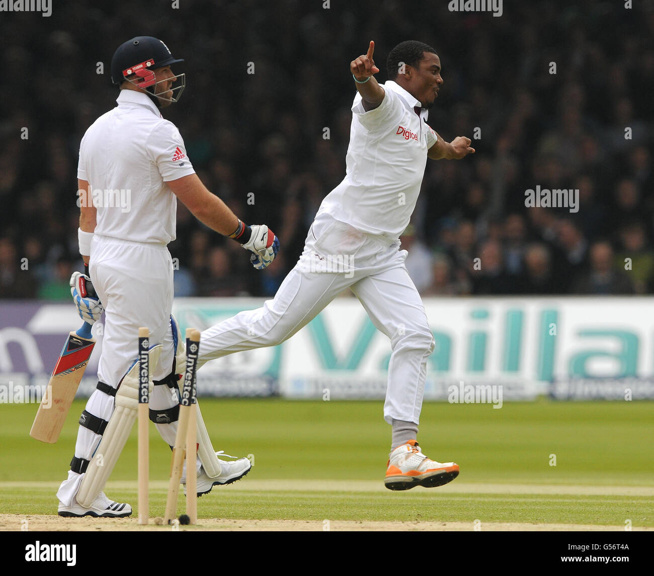 West Indies' Shannon Gabriel (right) celebrates after taking the wicket ...