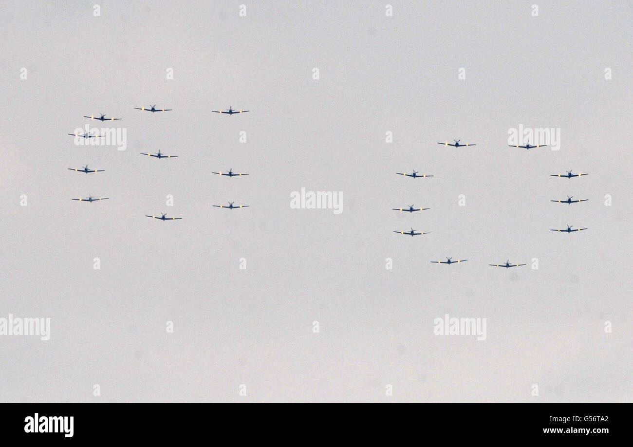 RAF planes in the formation of the number 60 fly past during the Queen ...
