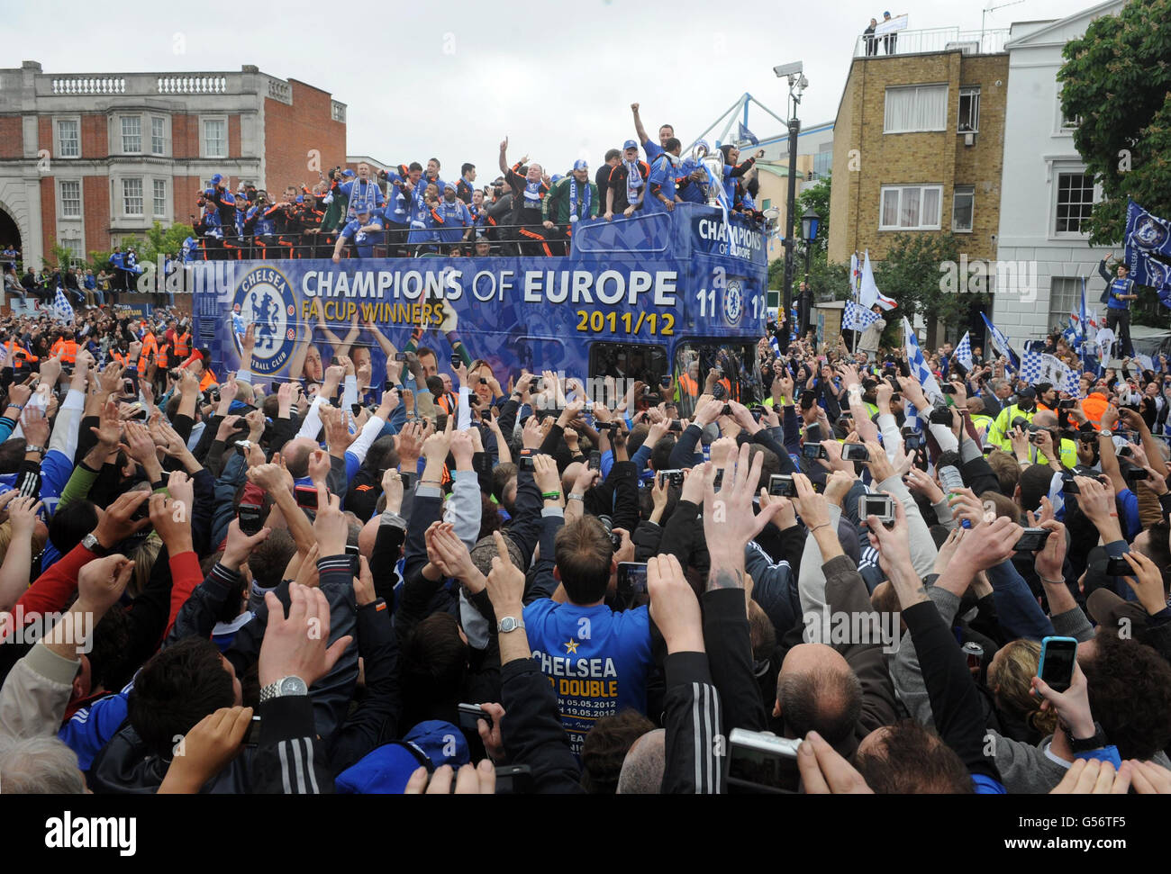Chelsea players on the bus during the FA Cup and UEFA Champions League ...