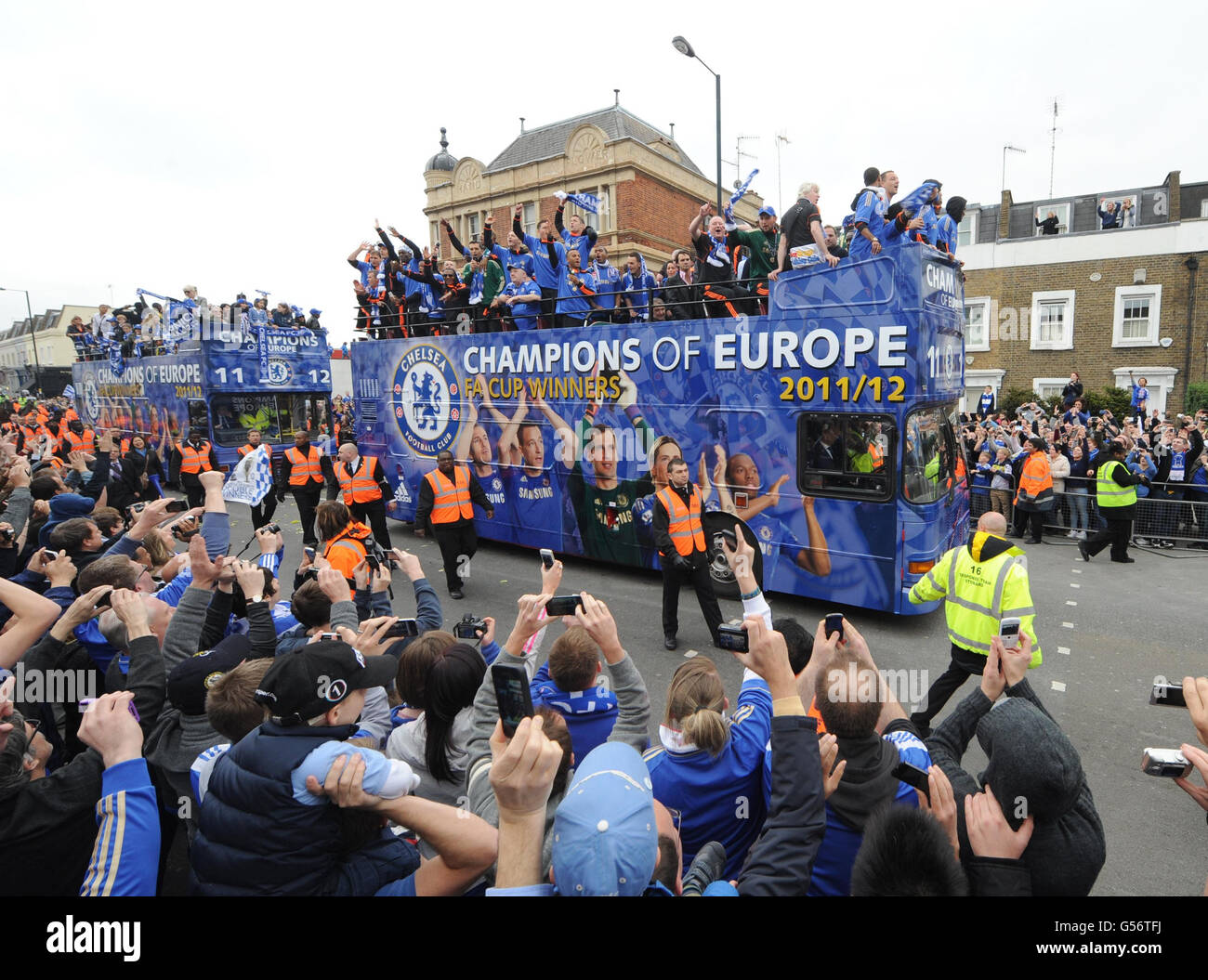 Chelsea players on the bus during the FA Cup and UEFA Champions League ...