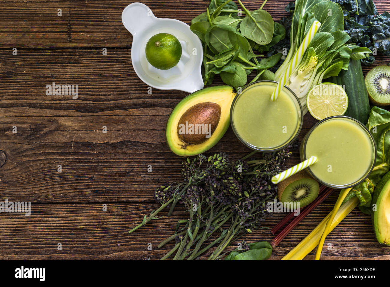 making green detox blended smoothie, border background Stock Photo - Alamy