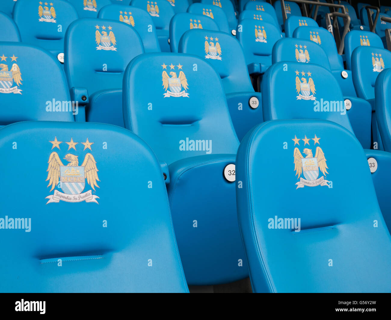 Seats inside Etihad Stadium Manchester CIty Football Club UK Stock ...
