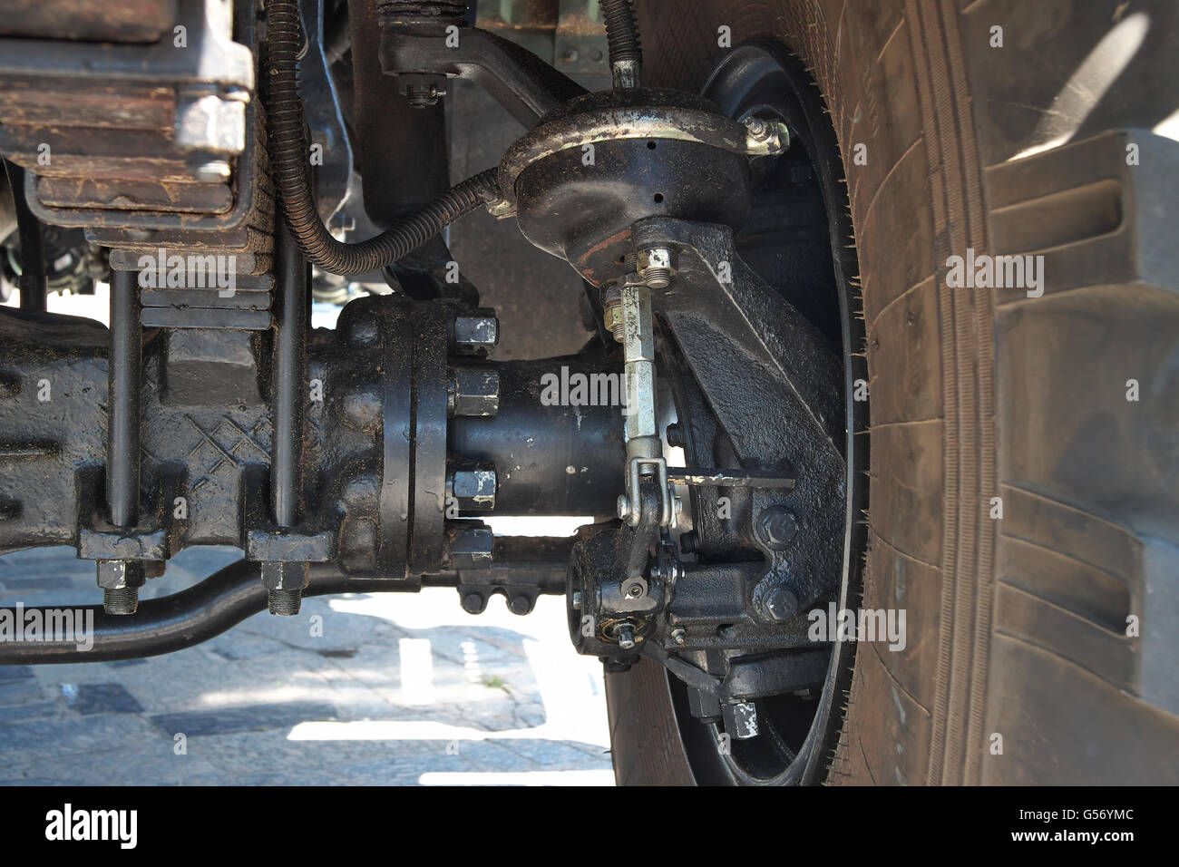 Heavy truck suspension and transmission - front wheel close up view ...