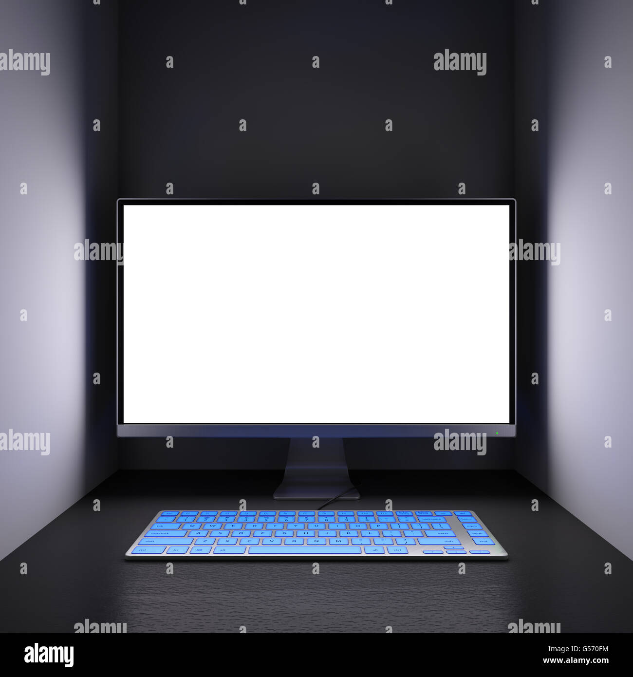 Bright empty computer display and keyboard at workplace in dark room 3d ...