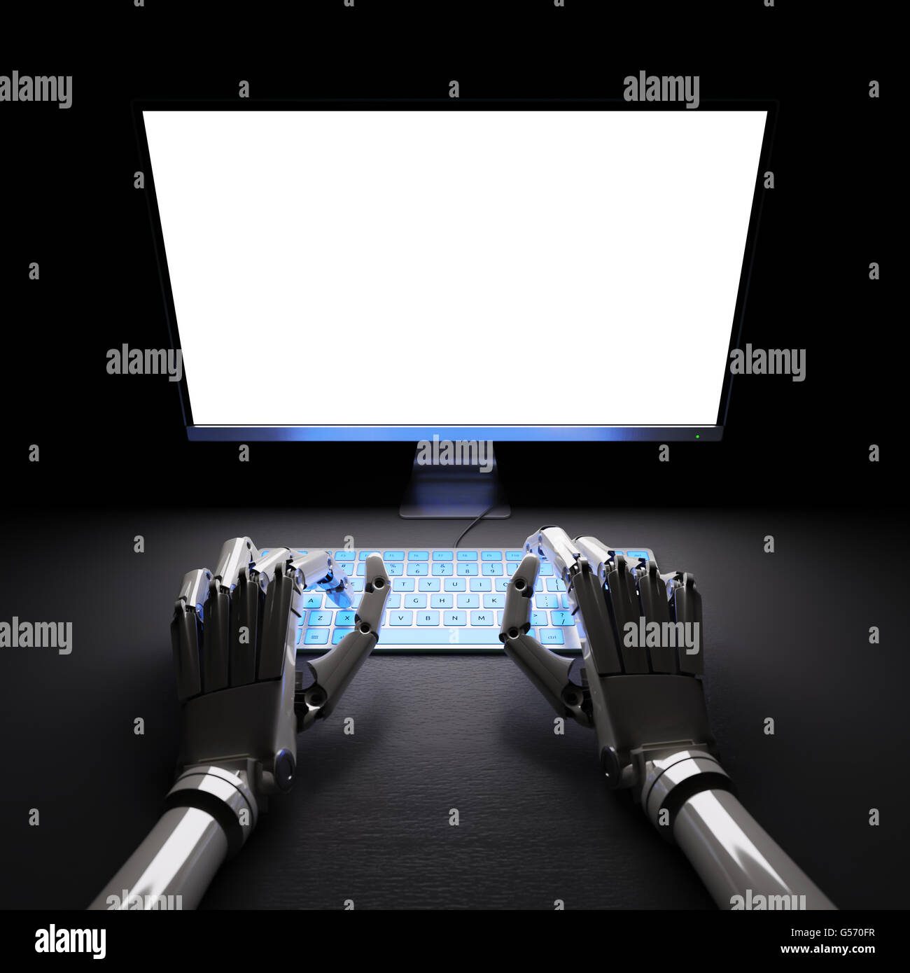 Robot typing on fluorescent keyboard with bright white screen 3d ...