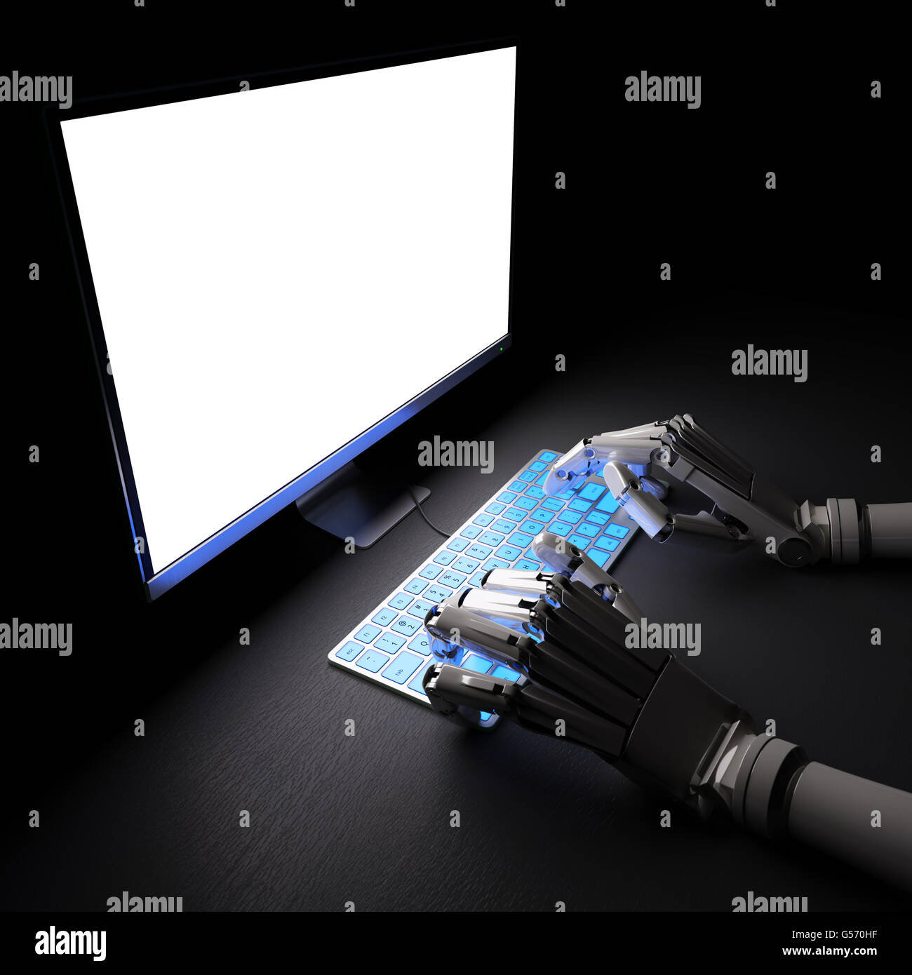 Robot typing on fluorescent keyboard with bright white screen 3d ...