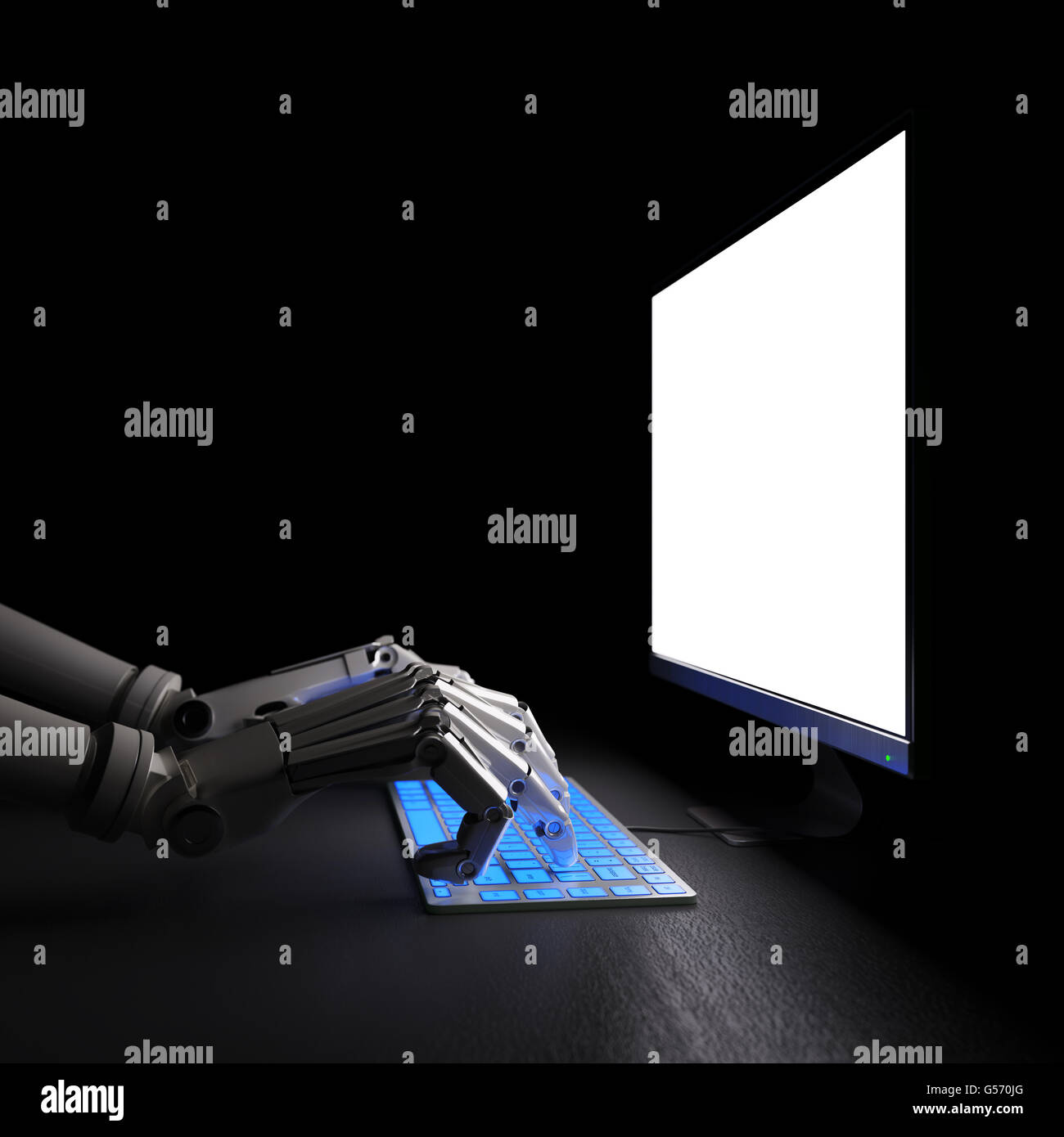 Robot typing on fluorescent keyboard with bright white screen 3d ...