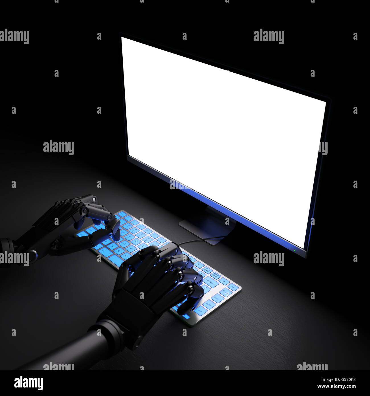 Robot typing on fluorescent keyboard with bright white screen 3d ...