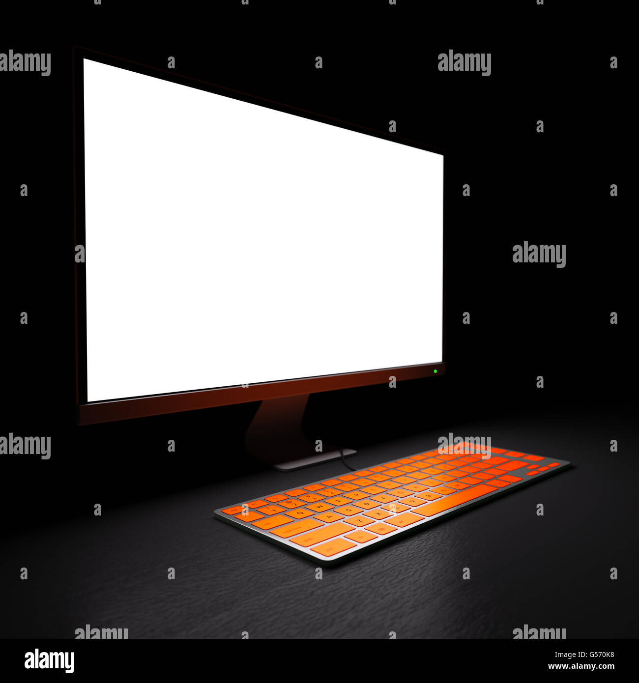 Bright empty computer display and keyboard at workplace in dark room 3d ...
