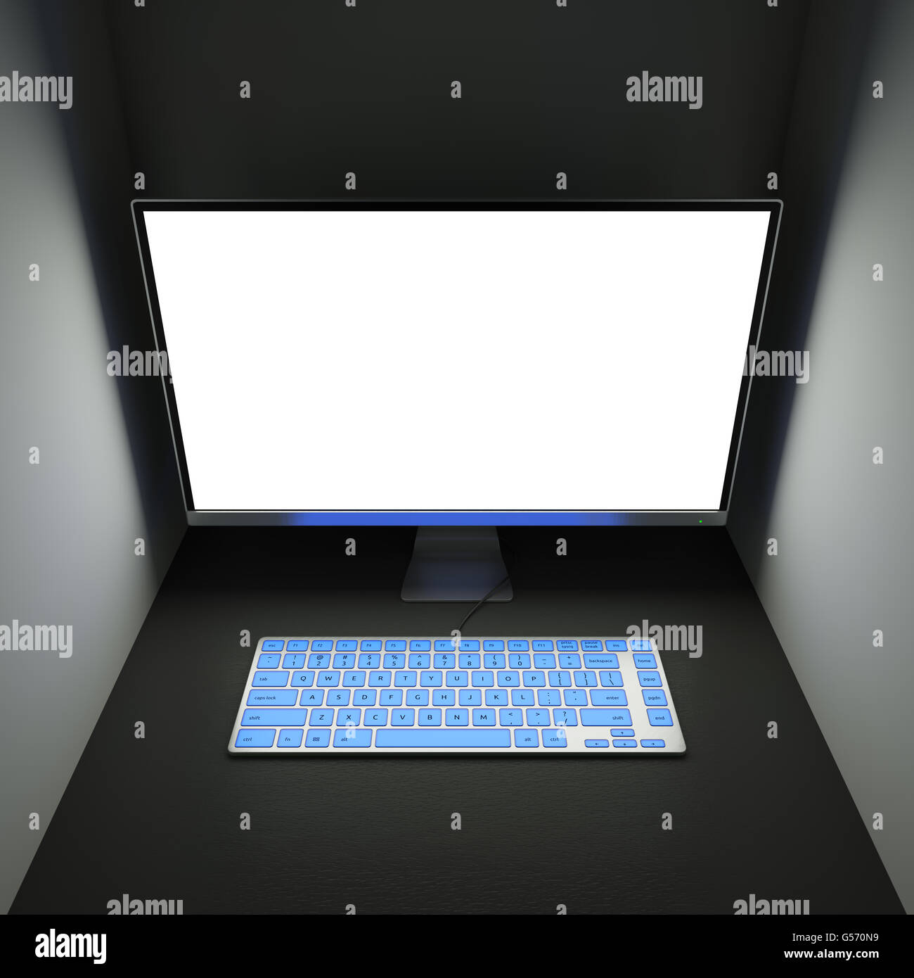 Bright empty computer display and keyboard at workplace in dark room 3d ...