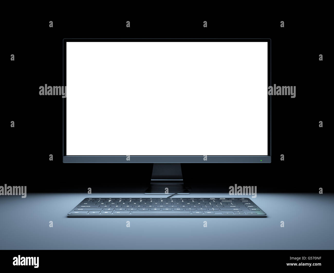 Bright empty computer display and keyboard at workplace in dark room 3d ...