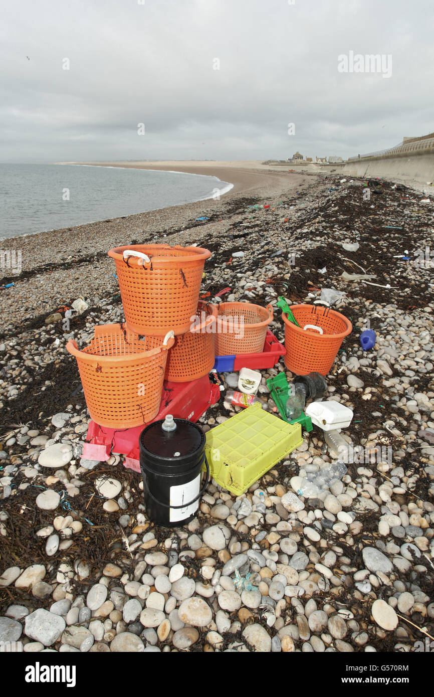 Fishing litter collected on beach, Chesil Beach, Dorset, England ...