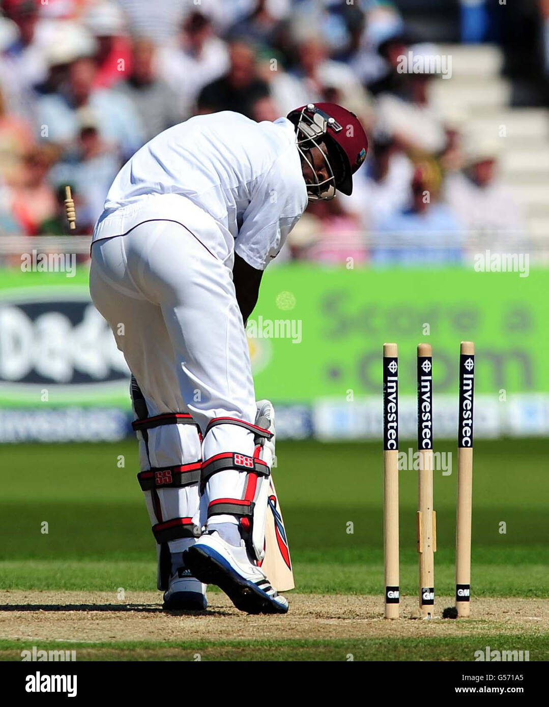 West Indies Kirk Edwards is bowled by England's James Anderson during ...