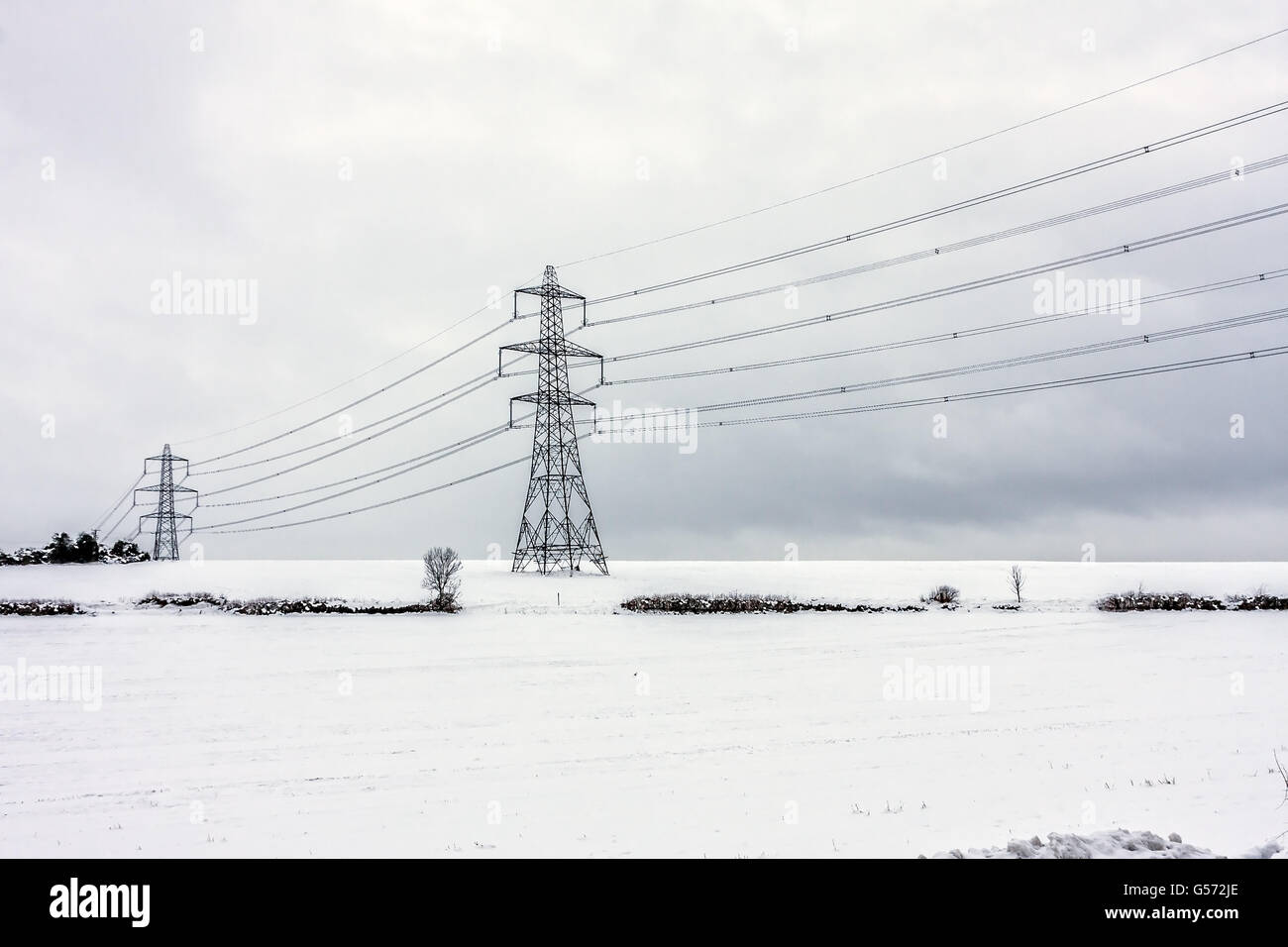 Electric Pylons on the snow at Horndean, Hamsphire Stock Photo - Alamy