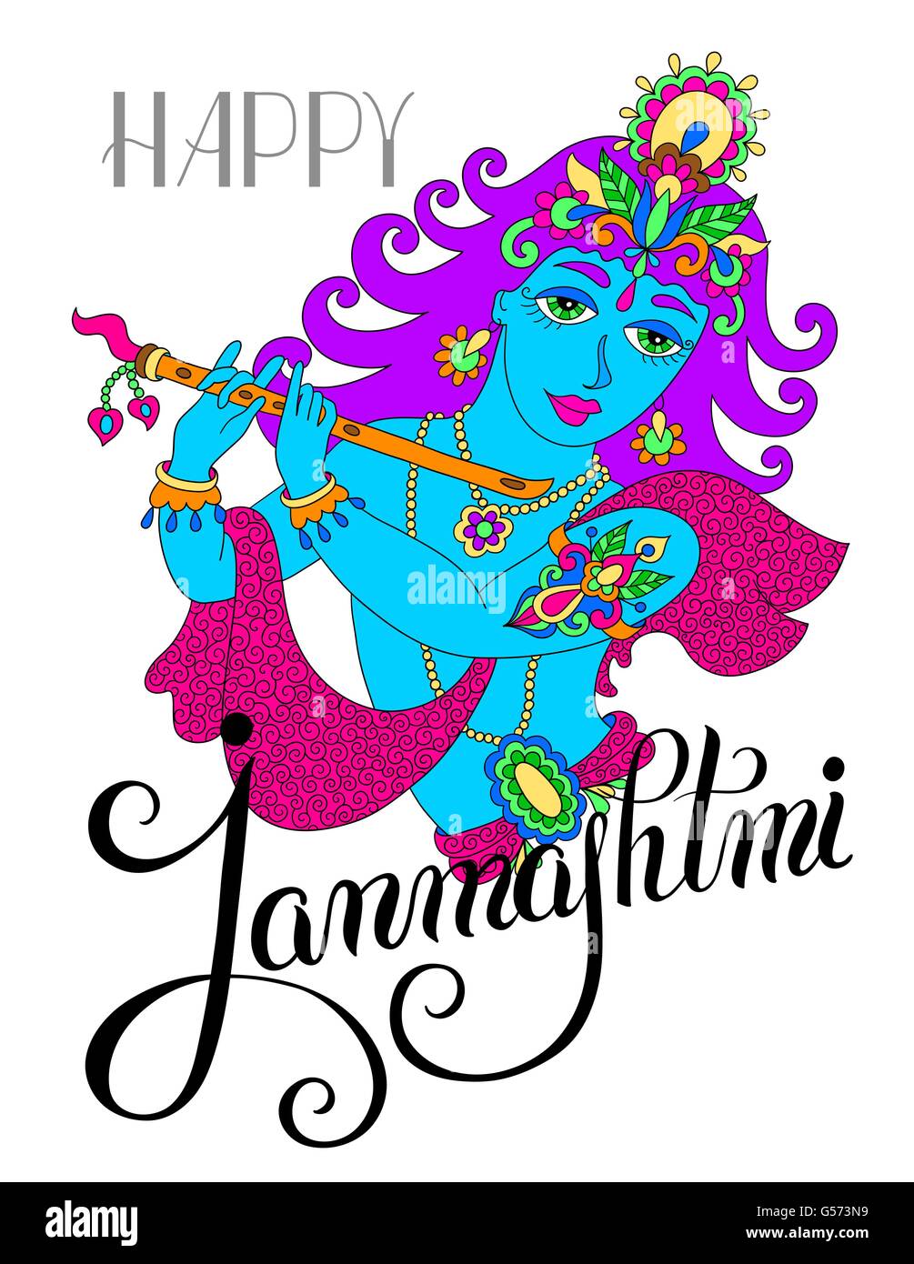 god lord Krishna with hand lettering inscription happy janmashtm Stock ...