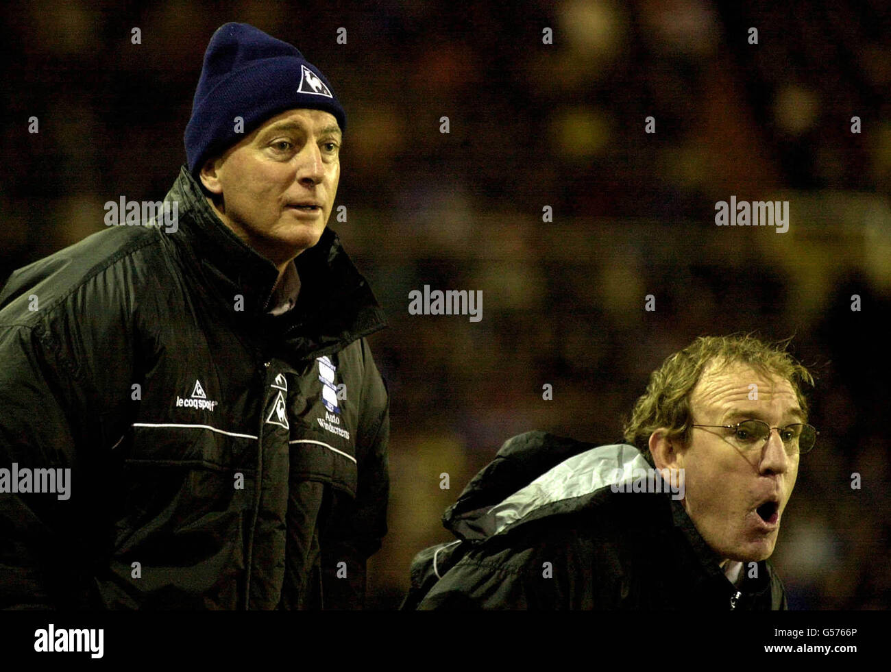Birmingham City's manager Trevor Francis (L) and coach Ian Bowyer watch ...