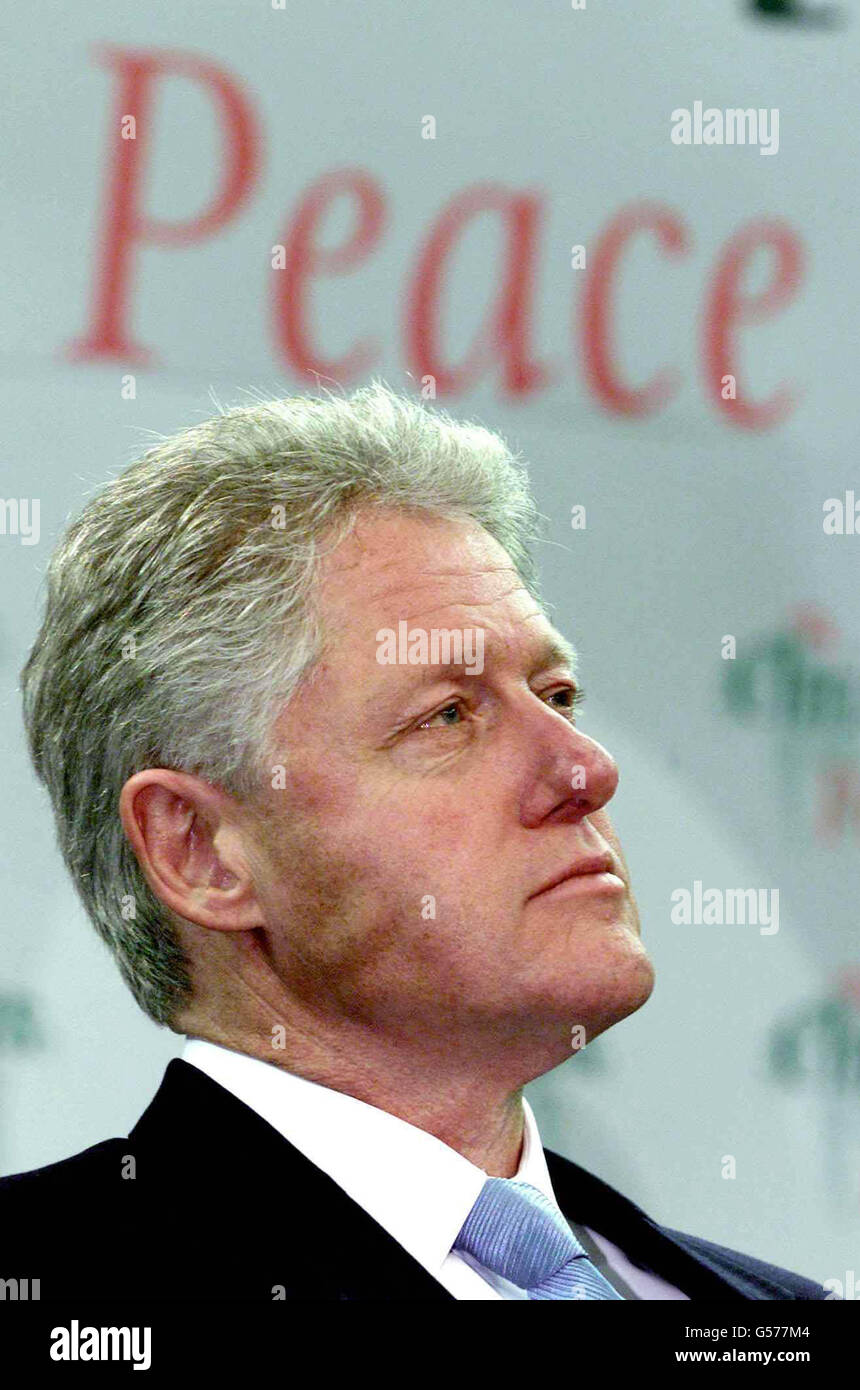 U.S President Bill Clinton on stage at the Odyssey Arena in Belfast ...