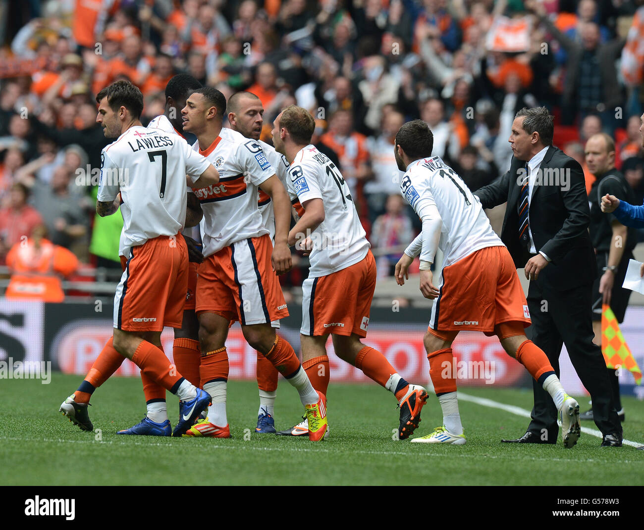 Luton Town's Andre Grey (third from left) celebrates scoring their ...