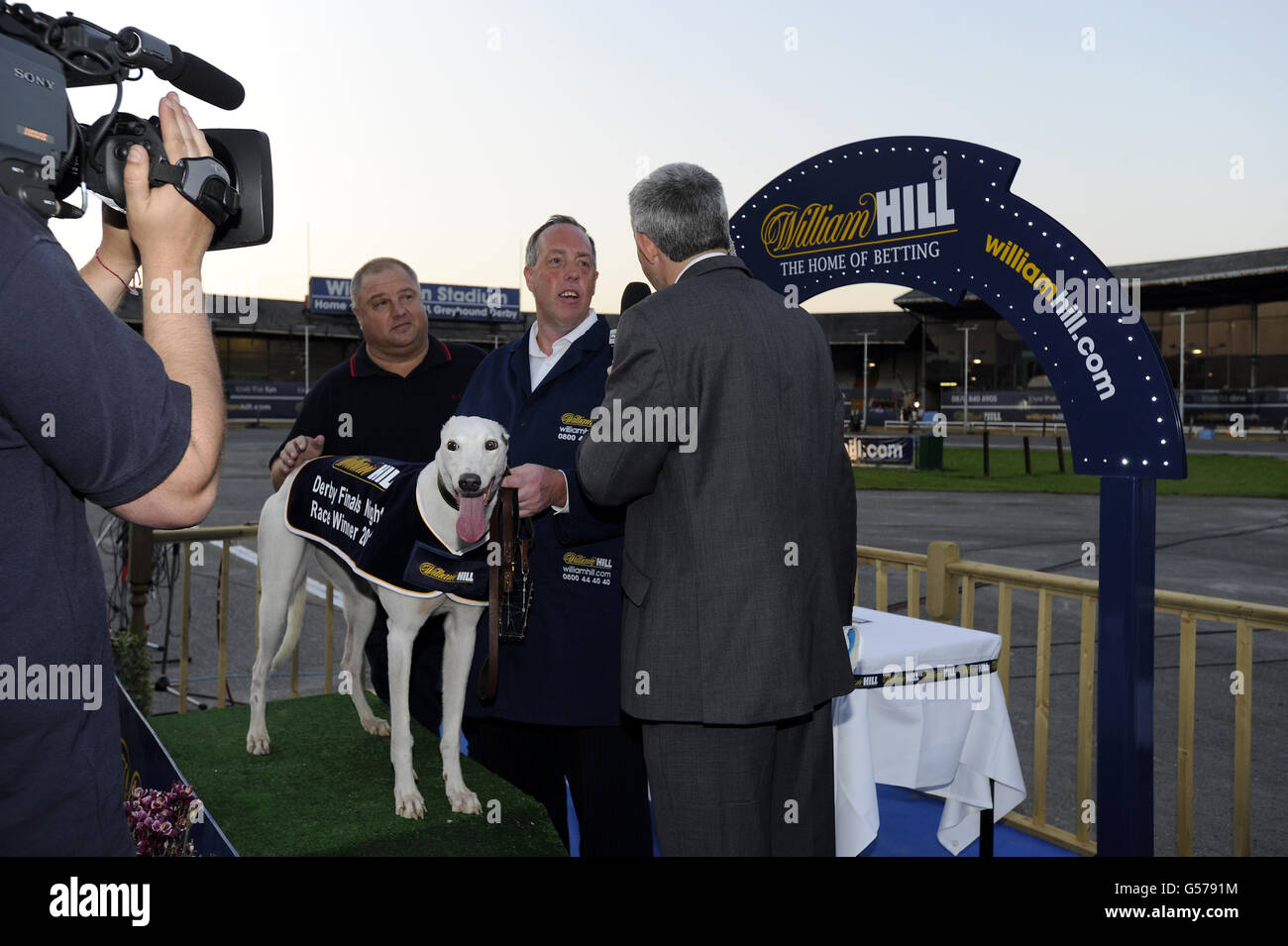 A winning owner is interviewed at wimbledon greyhound stadium hi-res ...