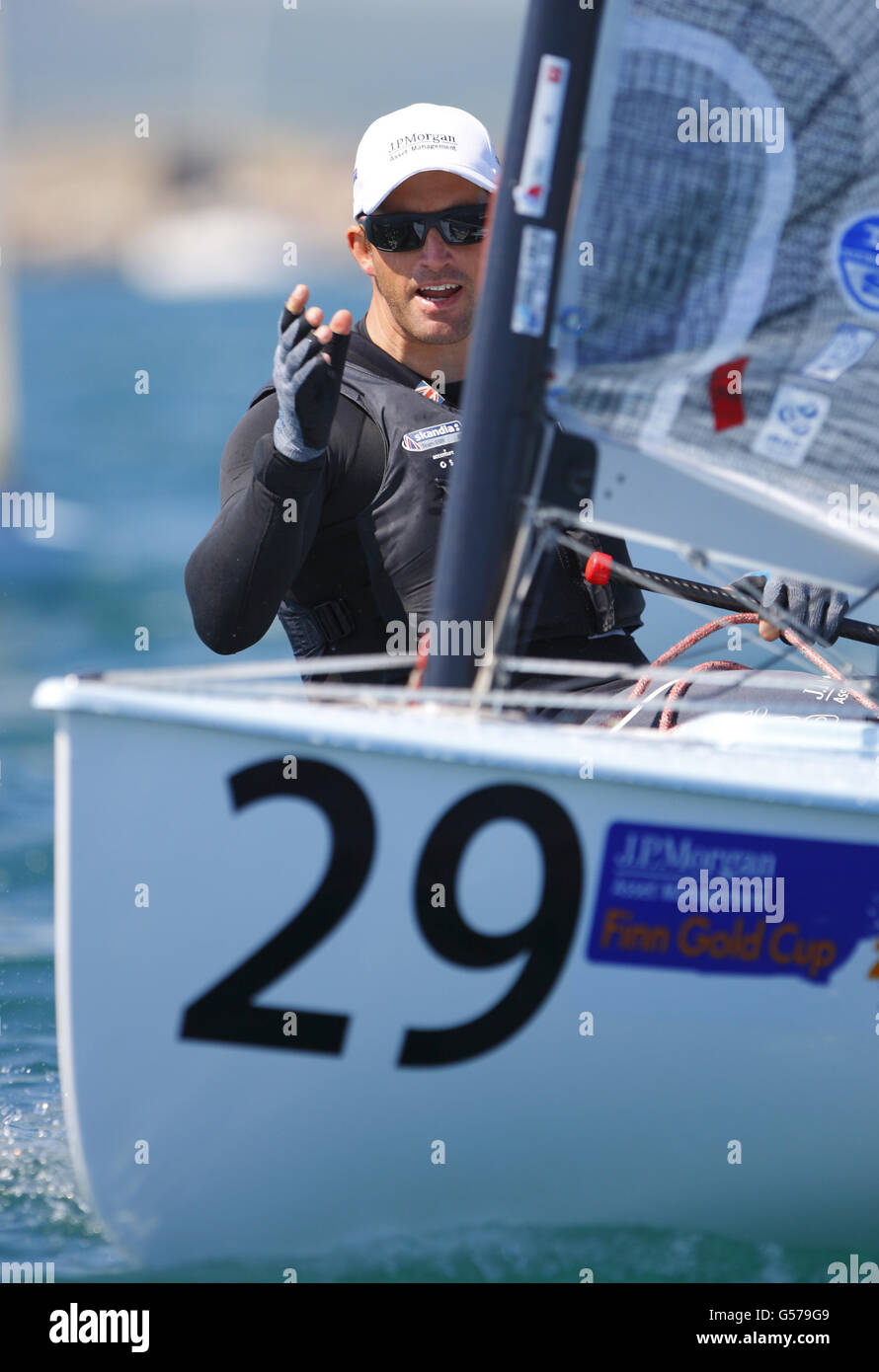 British Olympic Finn sailor Ben Ainslie on the water at the Weymouth ...