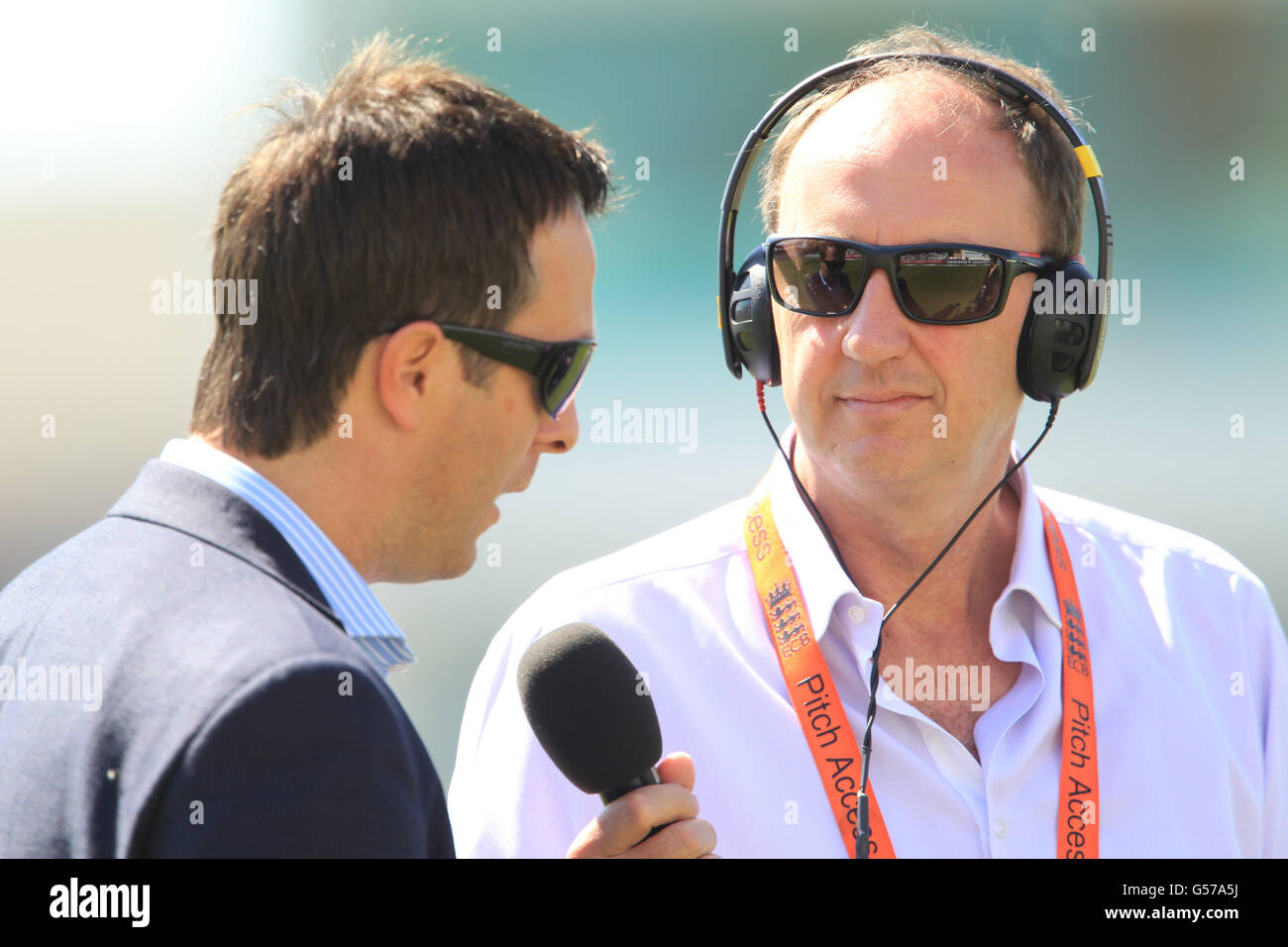 Test match special commentator jonathan agnew r with michael vaughan hi ...