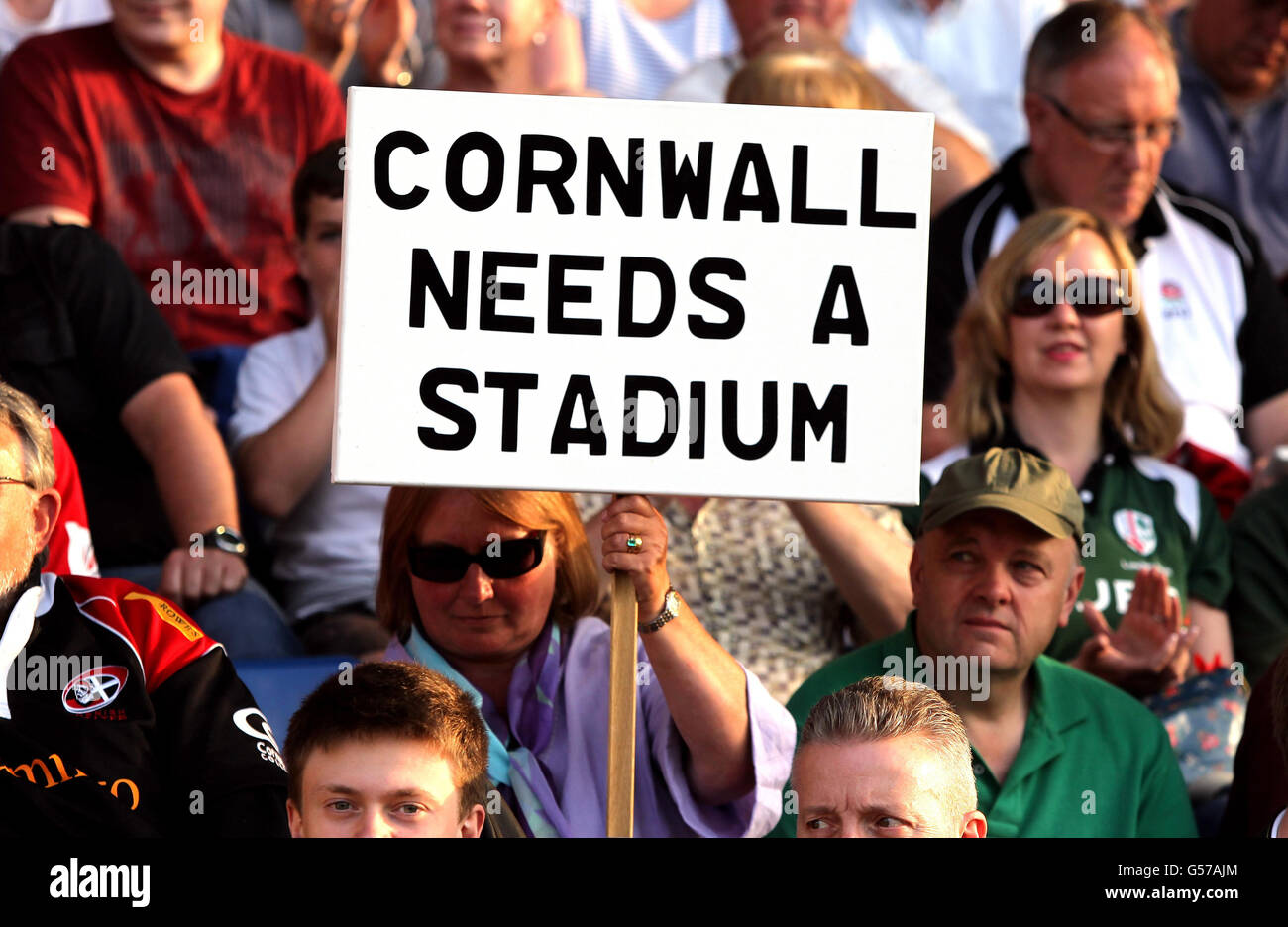 Cornish Pirates fans hold signs in support of a new stadium in Cornwall ...
