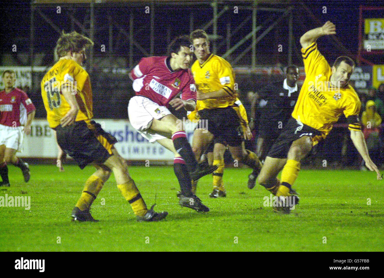 Morecambe's Mark Quayle fires home the winning goal during the FA Cup ...