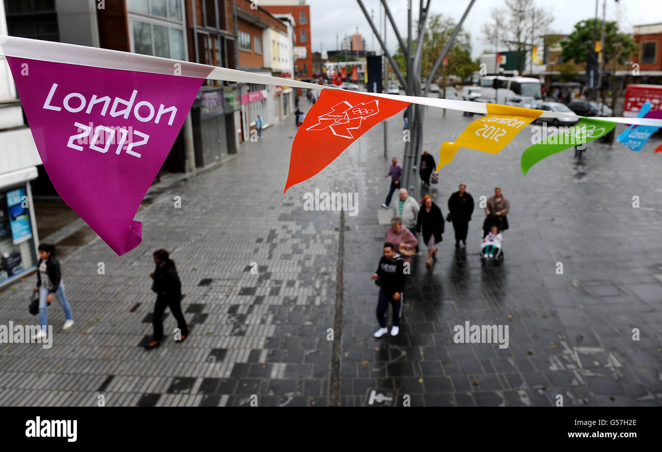 A close up of the official Olympic city decorations including bunting ...