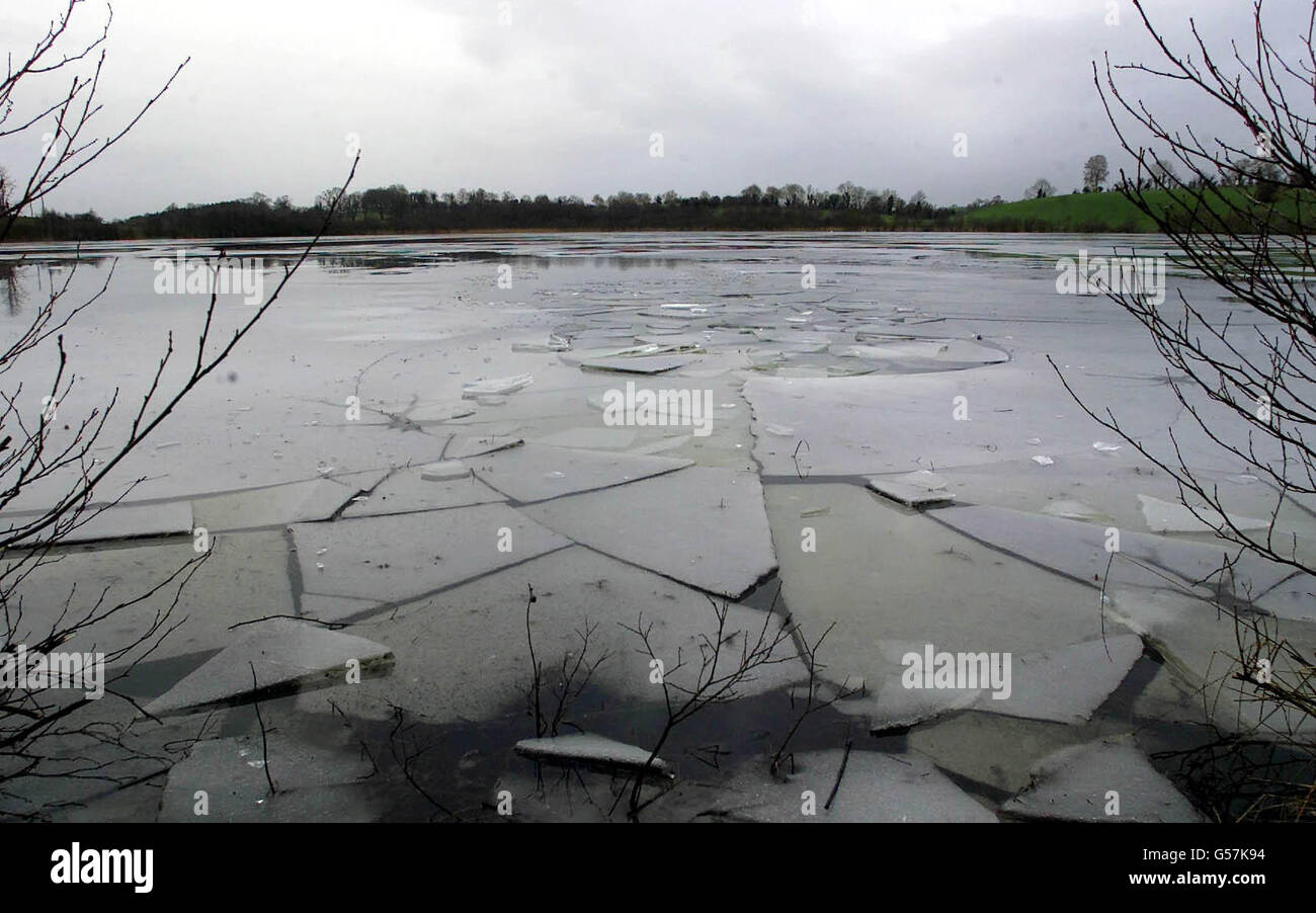 The icy lake at Hollywood Park in Scotstown, Co. Monaghan, Ireland ...