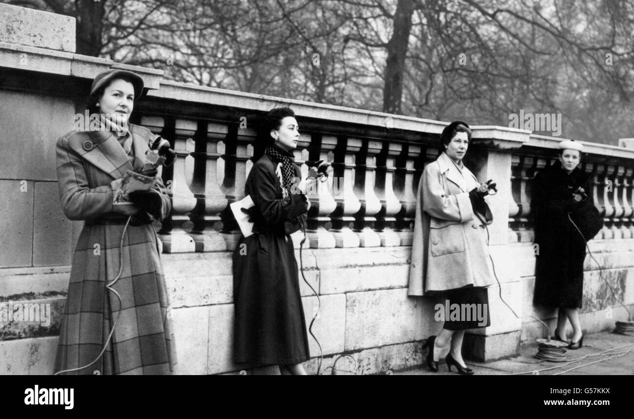 Four women holding hand microphones being tested by the BBC, who are ...