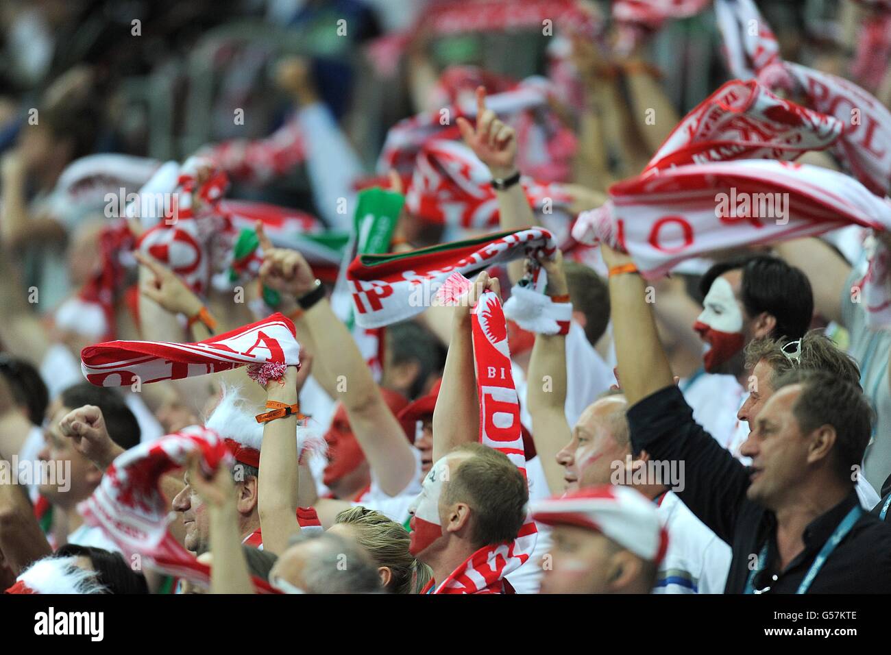 Poland fans show support for their team in the stands hi-res stock ...