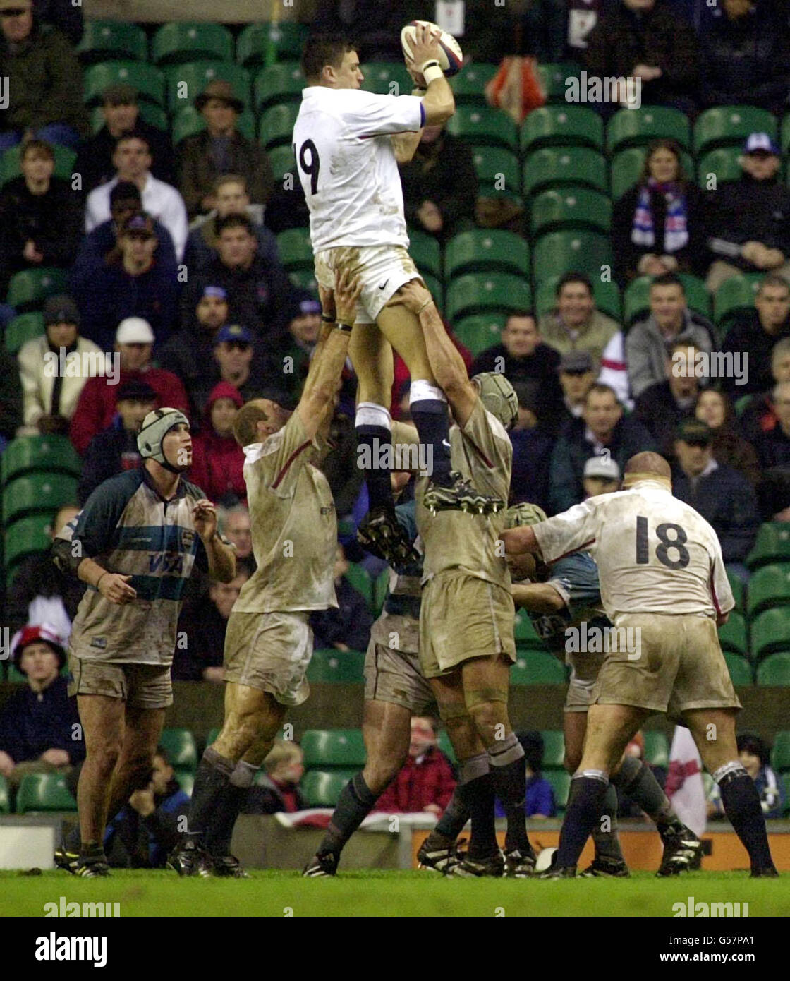England's Lawrence Dallaglio is lifted to receive in a line out, with ...