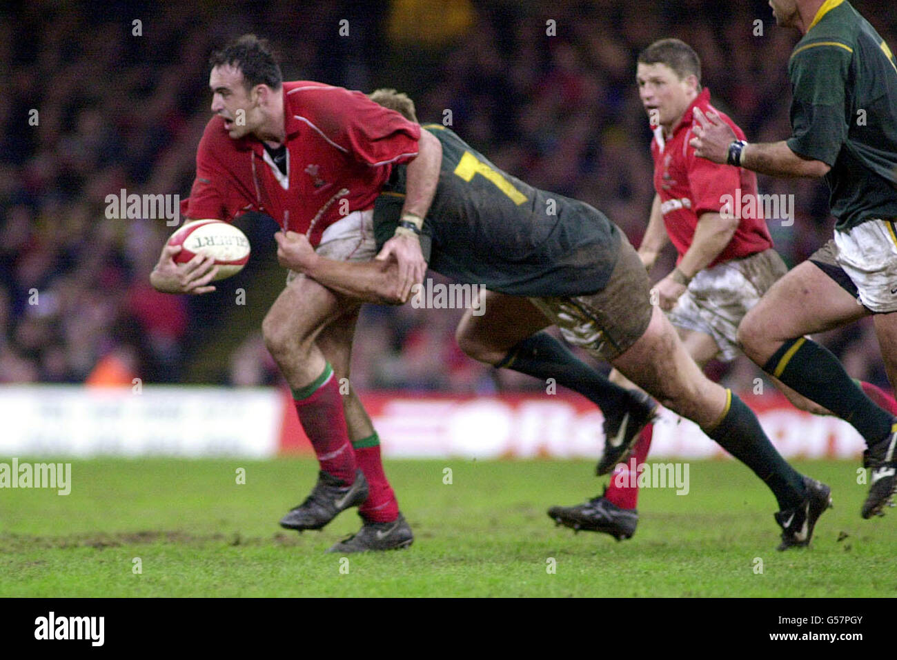 South Africa's Andre Venter puts the squeeze on Wales' Chris Wyatt ...