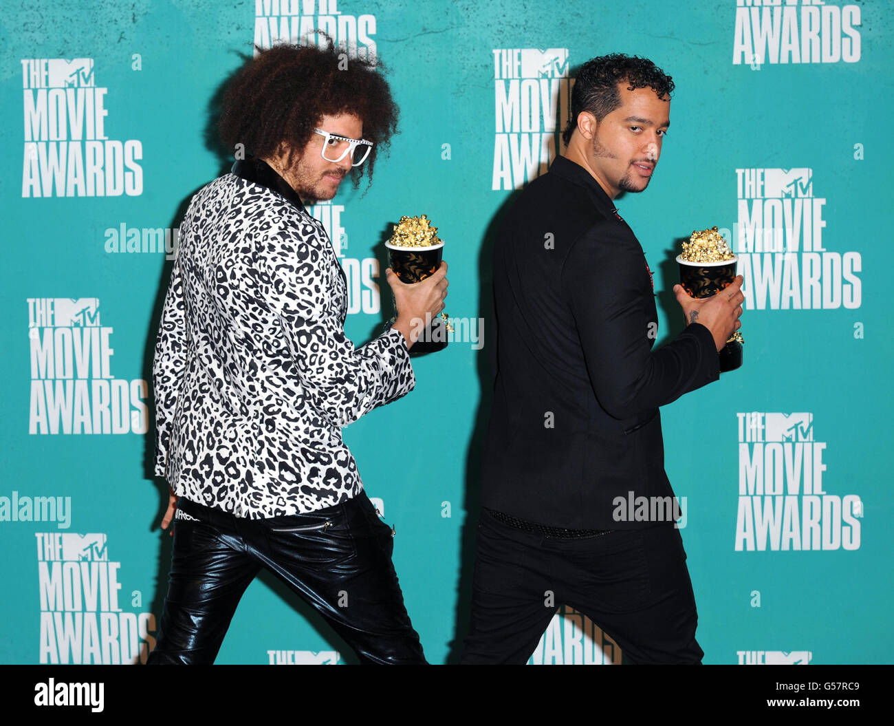 LMFAO backstage in the MTV Movie Awards Room 2012, Universal City, Los ...