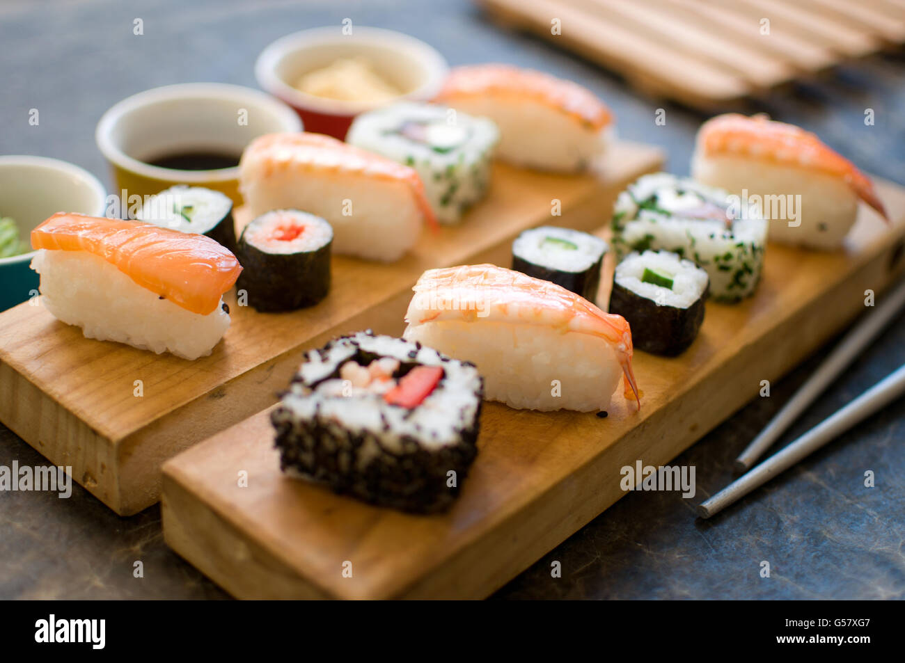 Assorted sushi selection including prawns, salmon and rice Stock Photo ...