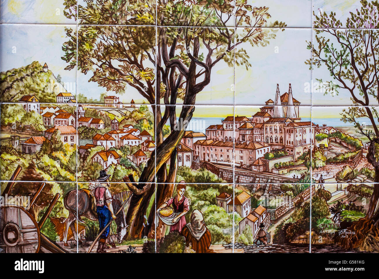 Panel of painted tiles (Azulejo) showing picture of old Sintra ( Cintra ...