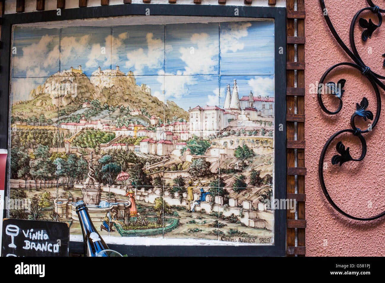 Panel of painted tiles (Azulejo) showing picture of old Sintra ( Cintra ...