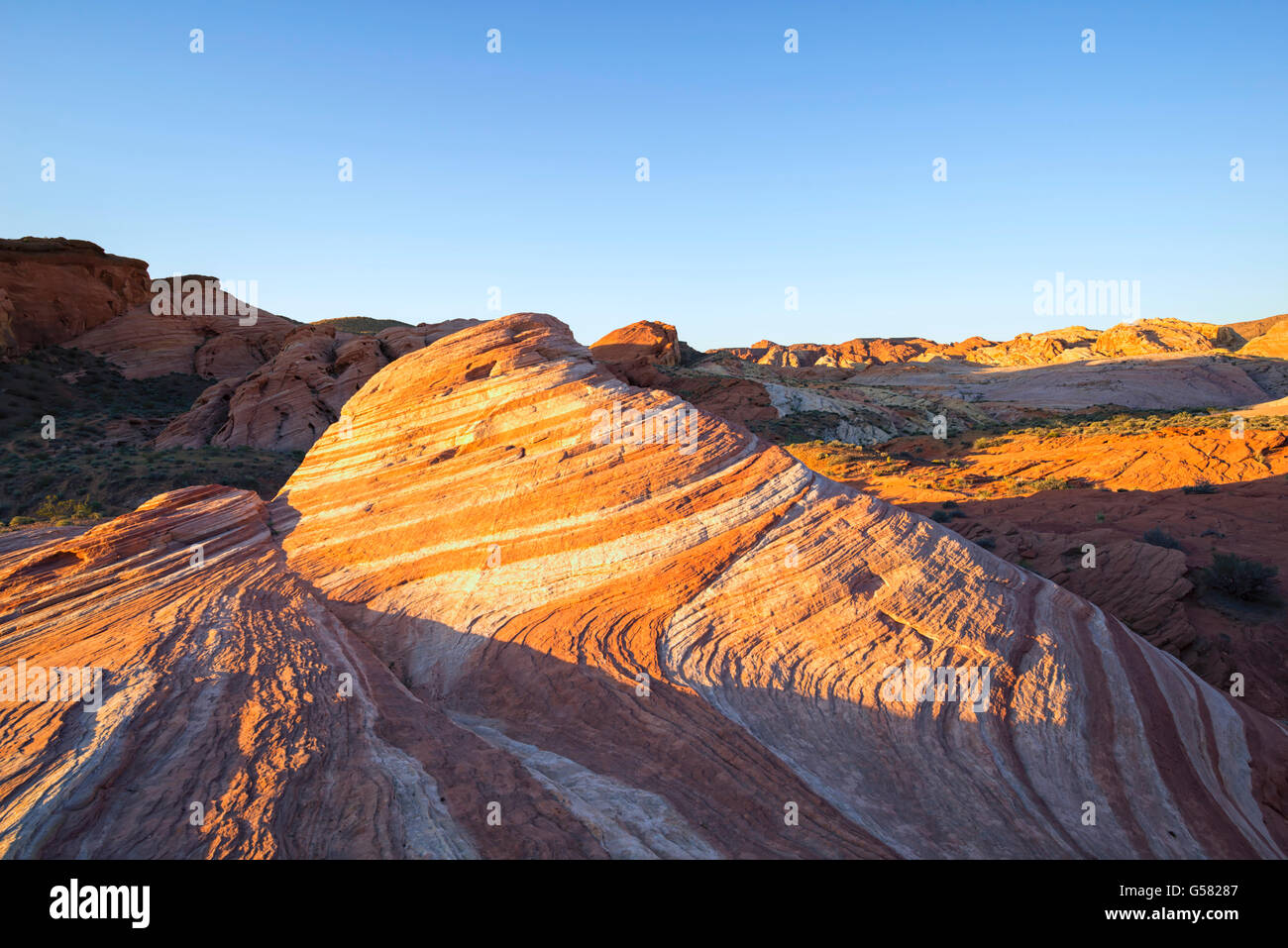 Fire Wave rock formation, desert landscape, sunrise. Valley of Fire ...